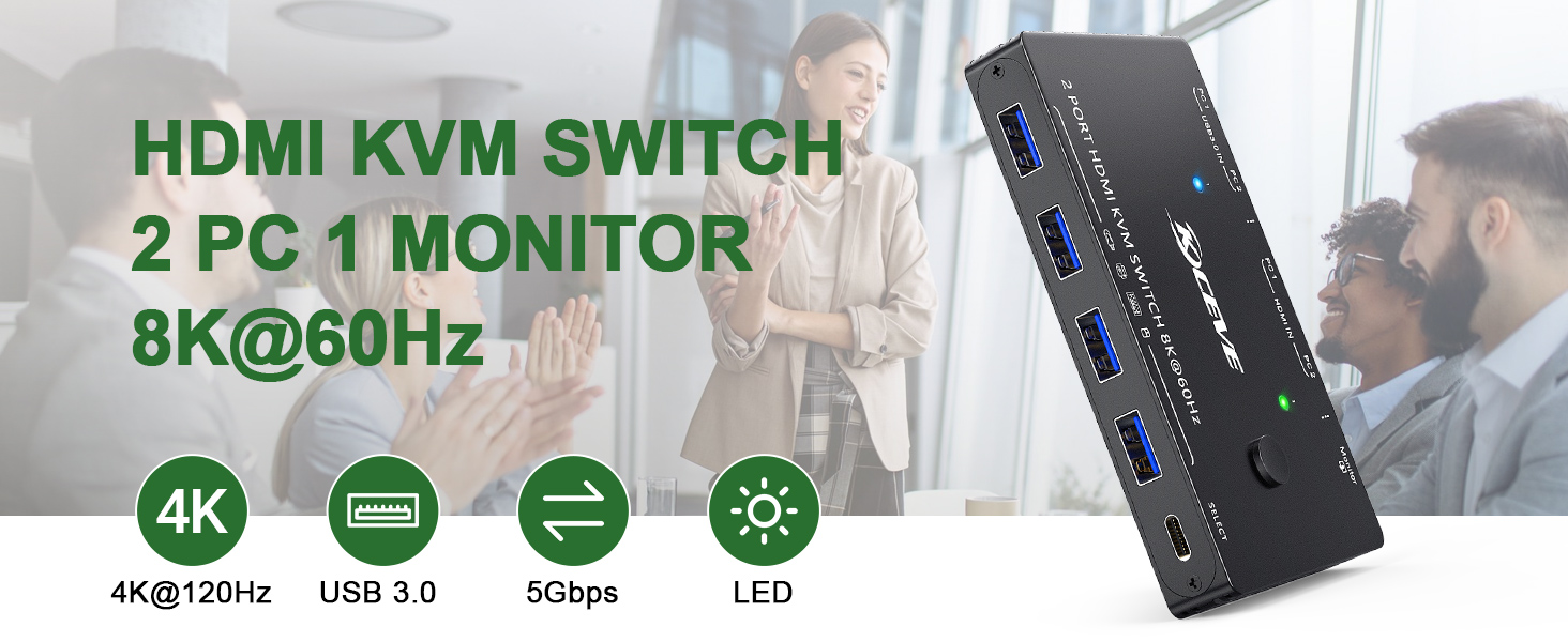 2-Port 8K60Hz or 4K120Hz HDMI USB3.0 KVM-Switch with Cable-Remote and ...