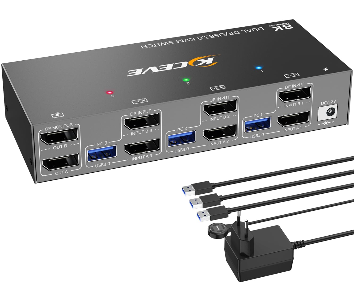3-PC 2-Monitor 4K144Hz DP+DP KVM-Switch with 4x USB 3.0, KC-KVM302DP ...