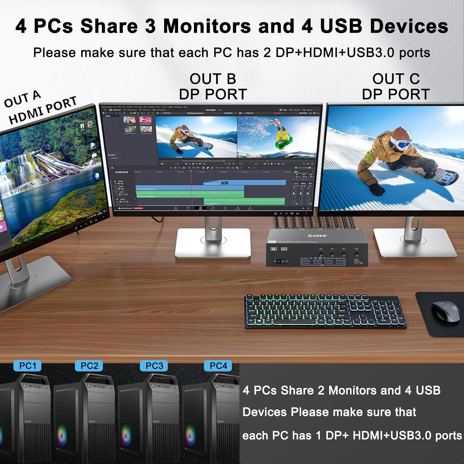 4-PC, Dreifach-Monitor (1x HDMI 2x DP) 4K bis 144Hz KVM-Switch mit 4 ...