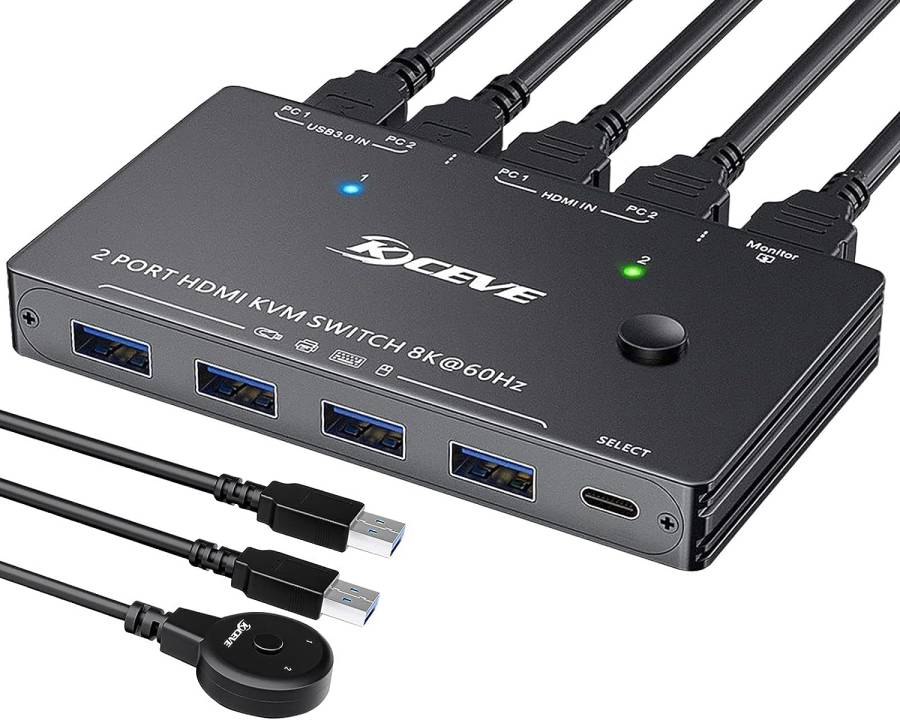 2-Port 8K60Hz or 4K120Hz HDMI USB3.0 KVM-Switch with Cable-Remote and ...